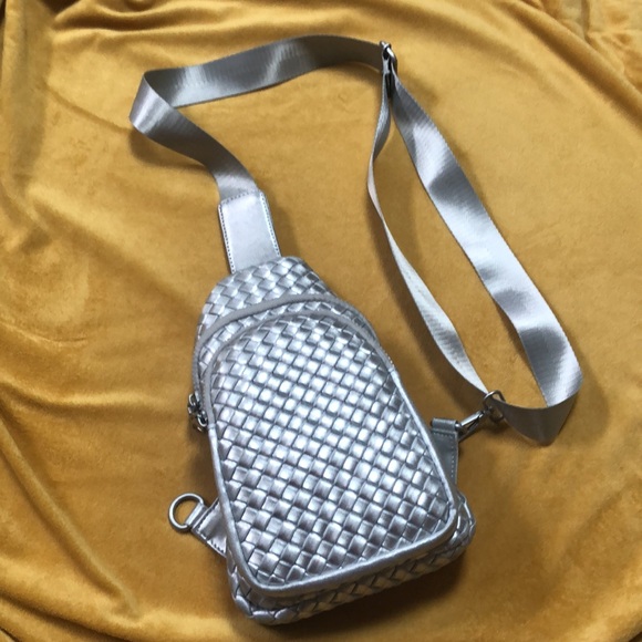sol and selene | Bags | Sol And Selene Silver Woven Neoprene Sling ...